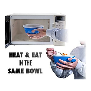 Cool Touch Microwave Safe 3 Piece Bowl Set, 24 Oz - Heat, Eat And Store All In One - Quality Ceramic Bowl, Heat Holder And Lid - Easy Clean Dishwasher Safe - Microwave Bowl, Blue
