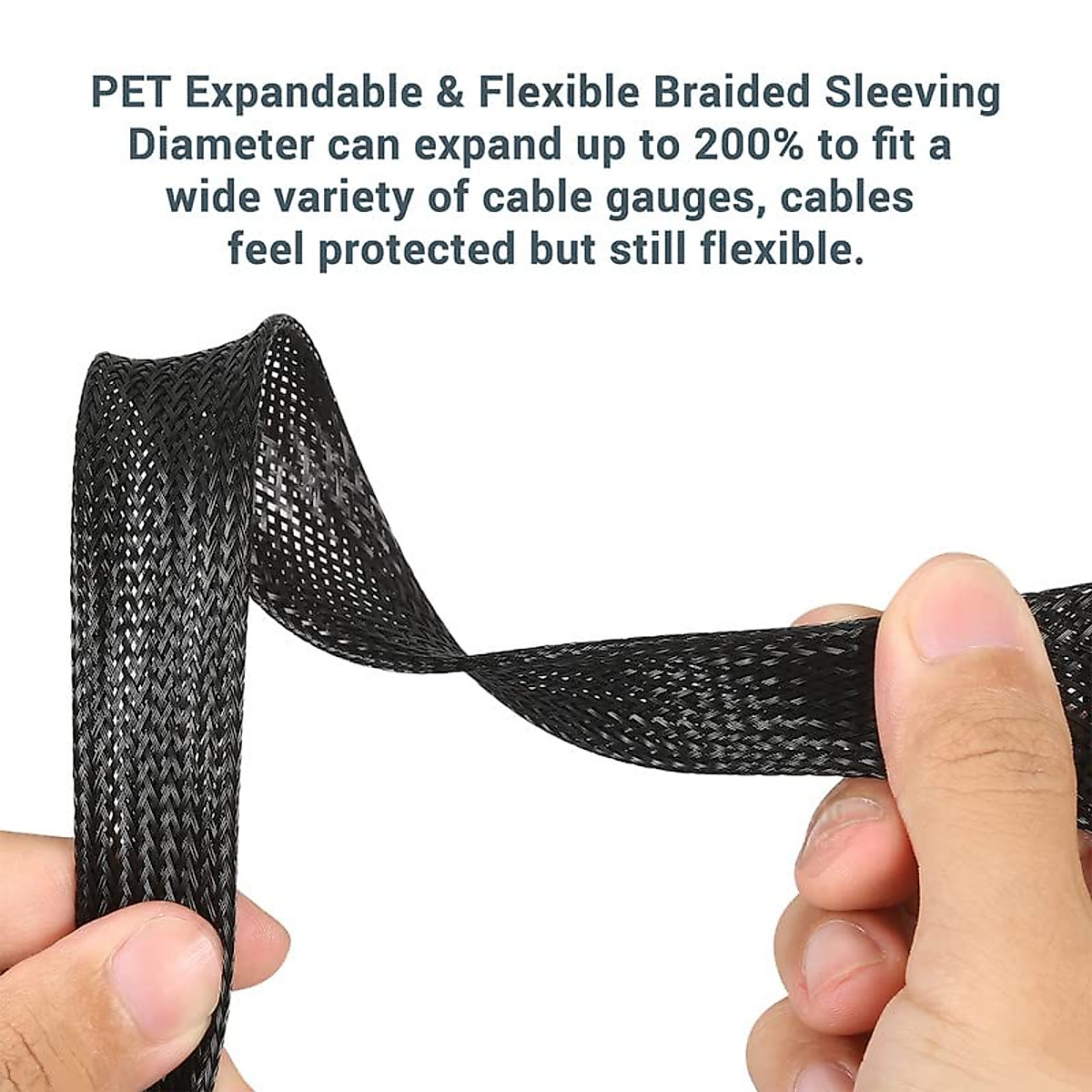 25ft-1/4inch PET Expandable Braided Sleeving Wire Loom Cable Sleeves Automotive Wire Sleeve Cable Management Wrap Wire Protector Tubing Desk Wire Organizer for Home, Office, Audio HDMI Cable, Black