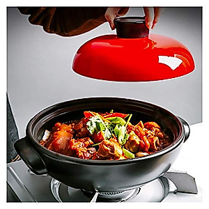 TYUXINSD Durable Stockpot Classic Round Earthenware Pot with Dual Handle and Red Lid 1L Heat Resistant Soup Pot Added Australian Spodumene Material Soup Pot