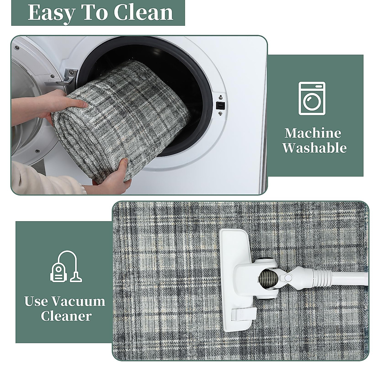 GlowSol Washable Rugs 5x7 Rug for Living Room Plaid Area Rug Non Slip Throw Rugs Bedroom Rugs Soft Rug No Shedding Floor Mats Modern Area Rugs for Entryway Dining Room Office Rug Greenish Grey 5'x7'