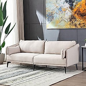 COSVALVE Beige 3 Seater Sofa Couch, Modern Fabric Upholstered Sofa with Two Cushions, 74 inch Sofa Furniture for Living Room Office Bedroom Apartment, Metal Leg Three People Seat
