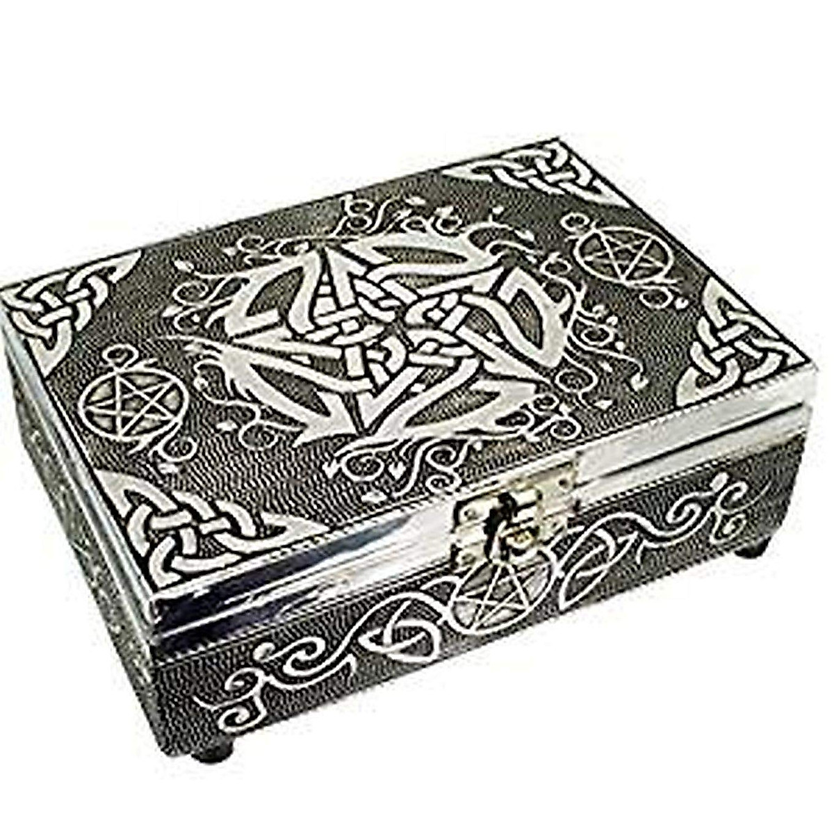 Spiritual Gifts Embossed Soft Metal Jewelry/Tarot/Oracle Card Box, with Pentacles Motif and Inside Black Felt Inlay ; 18 x 13 x 5.5cm