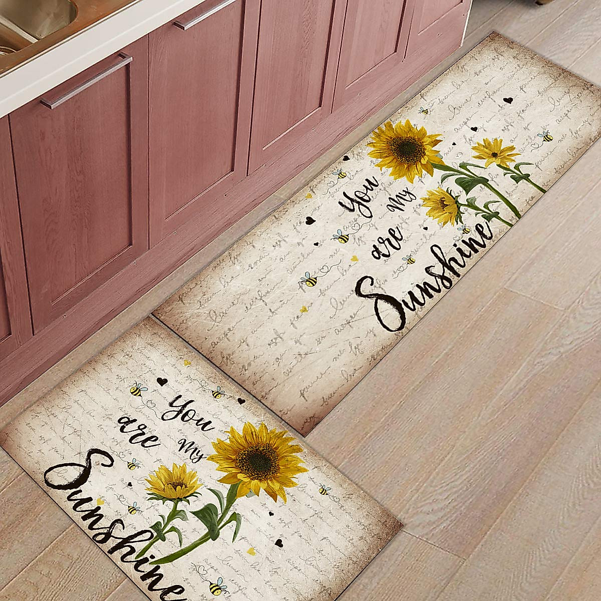 Rugs Set 2 Piece Kitchen Rugs, Taupe You are My Sunshine Sunflower Retro Letter Soft Waterproof Non-Slip Rubber Backing Floor Mats Doormat Bathroom Runner Area Rug Carpet, 15.7x23.6in + 15.7x47.2in