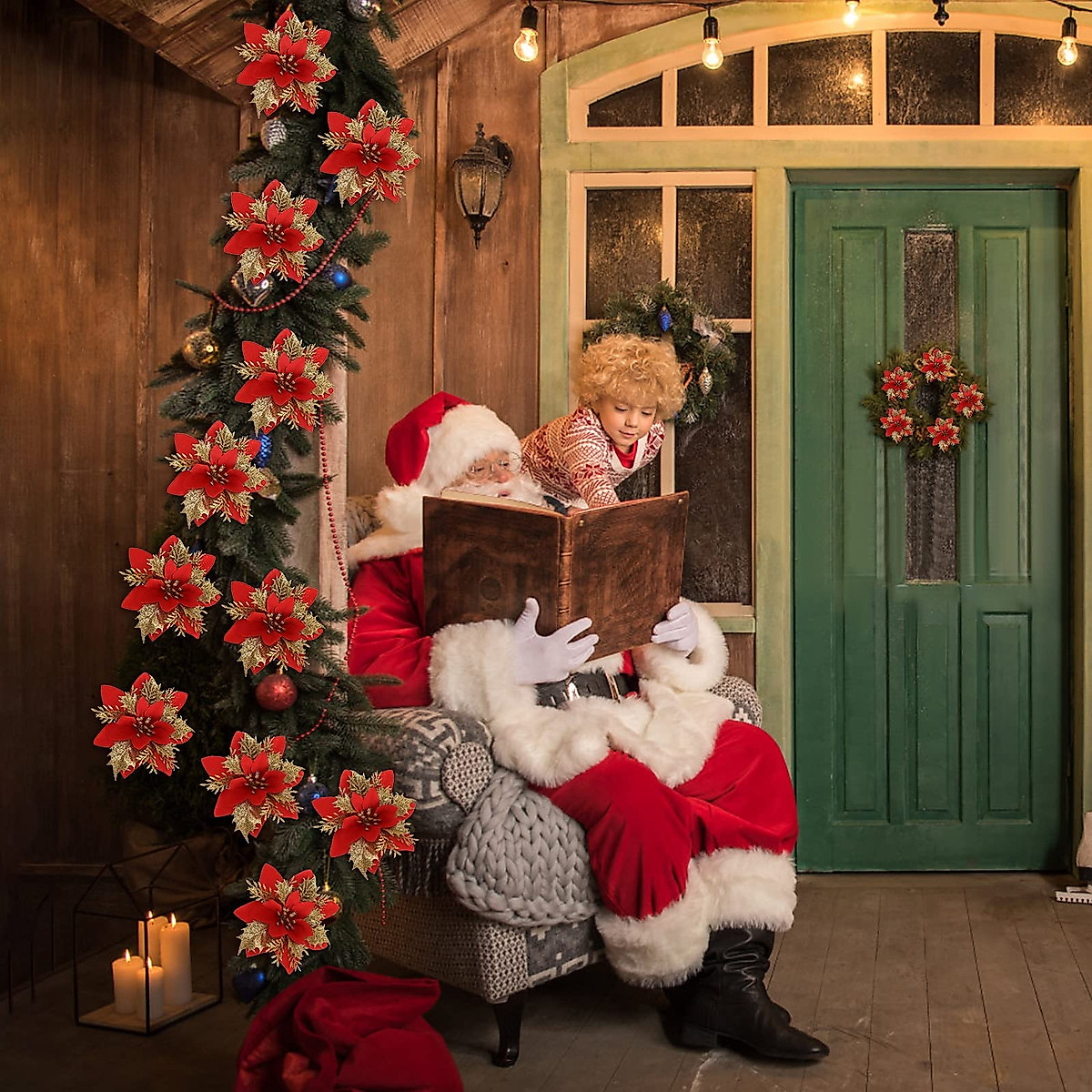 N&T NIETING 24Pcs Poinsettias Artificial Christmas Flowers, 5 inch Glitter Christmas Flowers Artificial for Decoration, Xmas Fake Flowers, Red and Gold