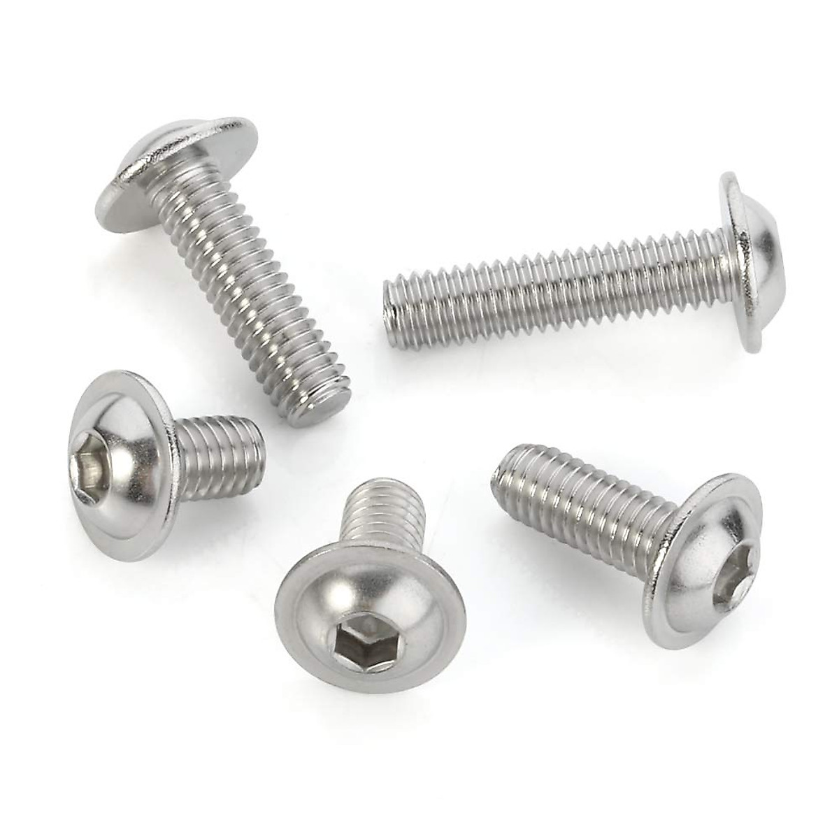 M6 x 10mm 12mm 16mm 20mm 25mm Flanged Button Head Socket Cap Screws, 304 Stainless Steel 18-8, Bright Finish, Fully Threaded, 50 PCS