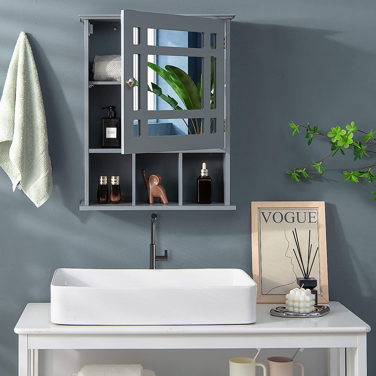 Tangkula Wall-Mounted Bathroom Cabinet, 2-in-1 Storage Organizer with Mirror Door, Wall-Mounted Medicine Cabinet with Adjustable Shelf & 3 Open Compartments for Bathroom, Living Room, Entryway