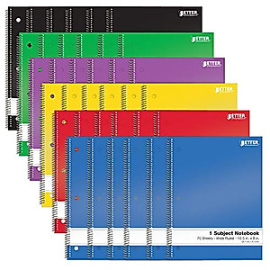 Better Office Products Spiral Notebooks 1-Subject, 24 Pack, Wide Rule, 70 Sheet, 8 x 10.5 inches, 6 Assorted Primary Colors, 24 Pack