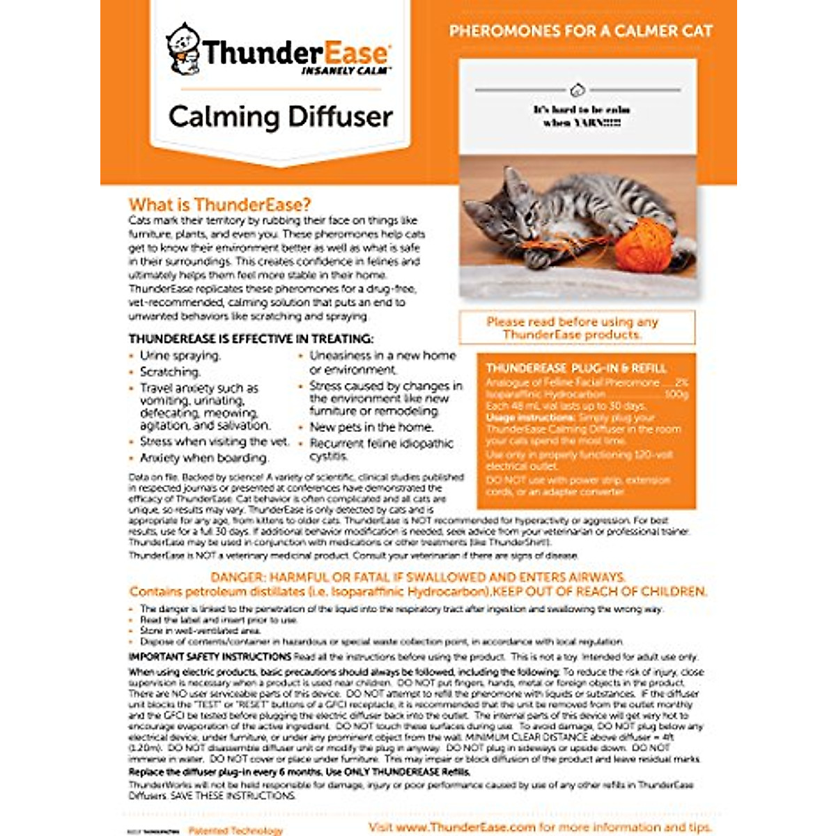 ThunderEase Cat Calming Pheromone Diffuser Refill | Powered by FELIWAY | Reduce Scratching, Urine Spraying, Marking, and Anxiety (60 Day Supply)