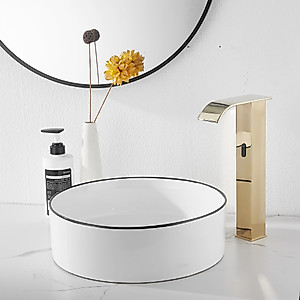 GGStudy Automatic Sensor Polished Gold Touchless Bathroom Vessel Sink Faucet Vanity Faucets Hands Free Waterfall Bathroom Water Tap with Control Box and Temperature Mixer