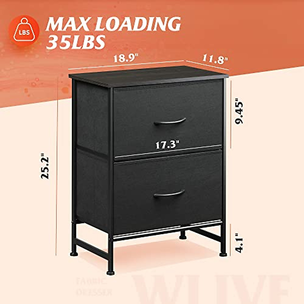 WLIVE 2-Drawer Nightstand and 5-Drawer Dresser Set, Fabric Storage Tower for Bedroom, Hallway, Nursery, Closets, Tall Chest Organizer Unit with Textured Print Fabric Bins, Steel Frame, Charcoal Black