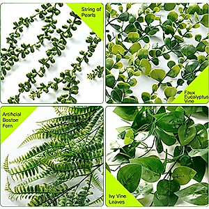Sggvecsy Fake Hanging Plants 4 Pack Artificial Hanging Plants Fake Potted Greenery Faux Eucalyptus Vine String of Pearls Boston Fern Ivy Vine Leaves for Home Indoor Outdoor Shelf Wall Garden Decor
