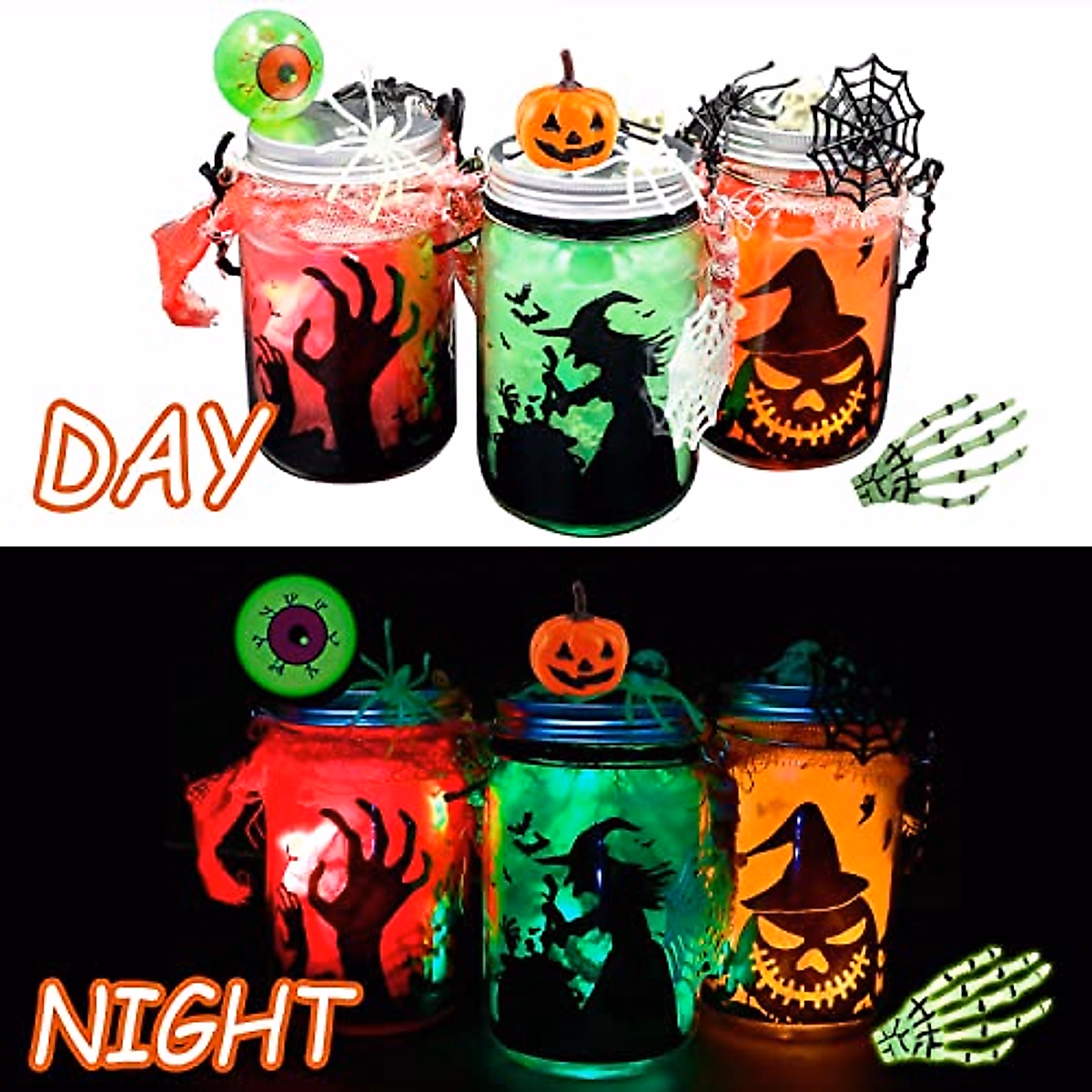 4 pcs Halloween DIY Lantern Jar Craft Kit Decor Supplies Gift, Flickering Flameless Candles(Red, Orange, Green) and Accessories(Eyeball, Spider, finger), Indoor Outdoor Garden DIY Decor Art Project