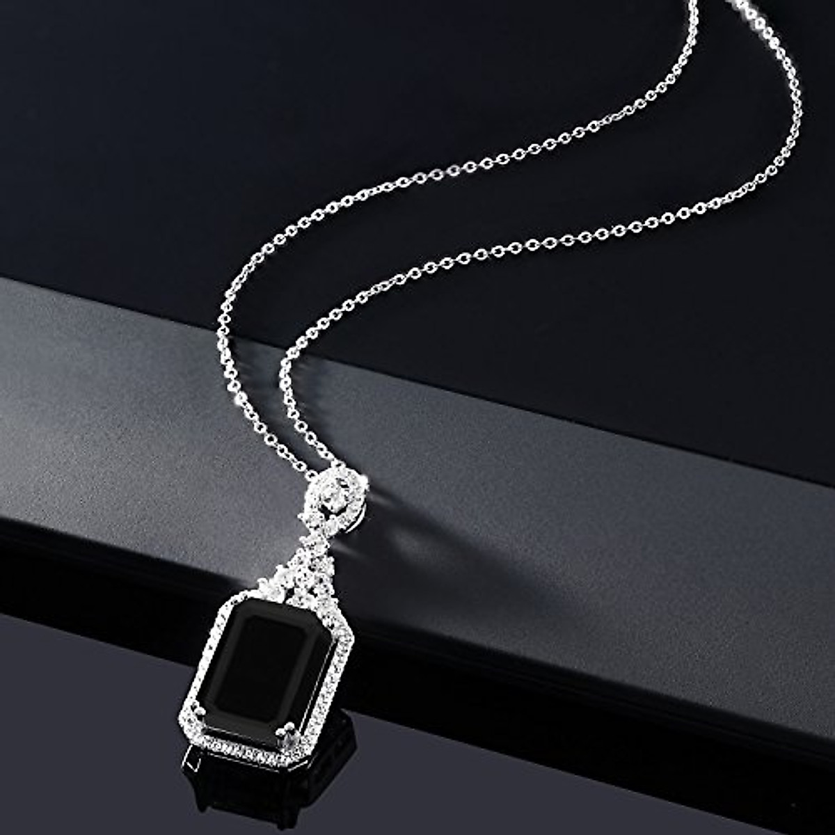 Gem Stone King 925 Sterling Silver Black Onyx Pendant Necklace For Women (7.20 Cttw, Gemstone Birthstone, Emerald Cut 14X10MM, with 18 Inch Silver Chain)