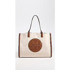 Tory Burch Women's Ella Canvas Tote, Natural/Classi Cuoio, Off White, Brown, One Size