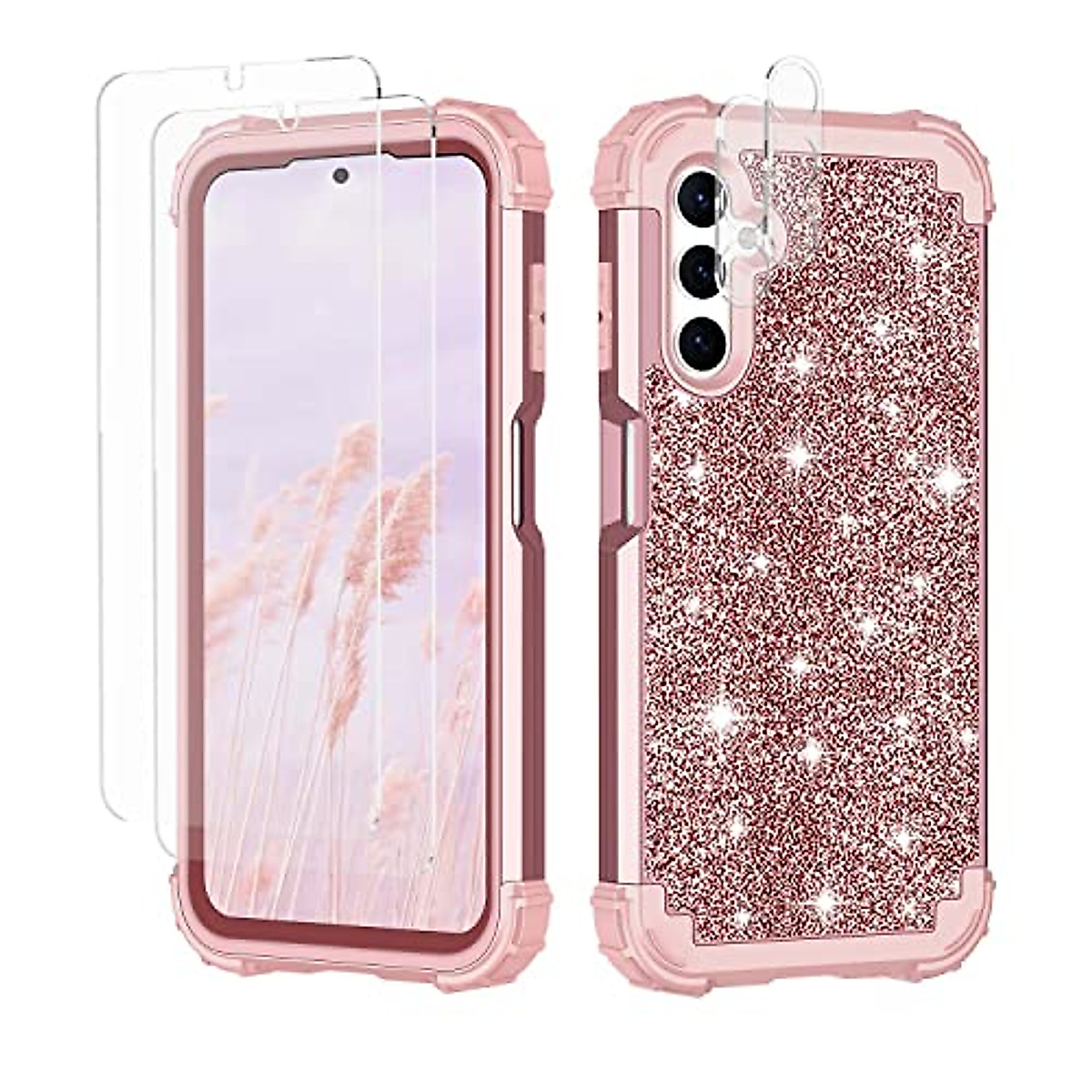 LONTECT for Galaxy A14 5G Case with 2 Tempered Glass Screen Protector+ 2 Camera Lens Protector,Three-Layer Shockproof Heavy Duty Full Body Sturdy Protective Case for Samsung Galaxy A14,Rose Gold