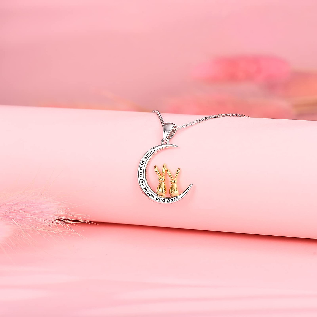 Distance I Love You to The Moon and Back Necklace for Women,925 Sterling Silver Easter Bunny Rabbit Necklace Jewelry Gifts for Women Mom Daughter Wife