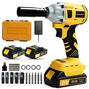 SKOVENSY Cordless Impact Wrench 258Ft-lb（350N.m）, 1/2 Impact Gun, 2 Batteries, Pistola de Impacto, with 5 Sockets, Electric Impact Driver for Car Tires and Home YELLOW
