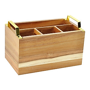 Spiretro Flatware Caddy, Cutlery Utensil Holder, Silverware Condiment Organizer for Kitchen, Dining, Entertaining, Tailgating, Picnics, 4 Compartments，Solid Torched Wood with Golden Metal Handle-Beige