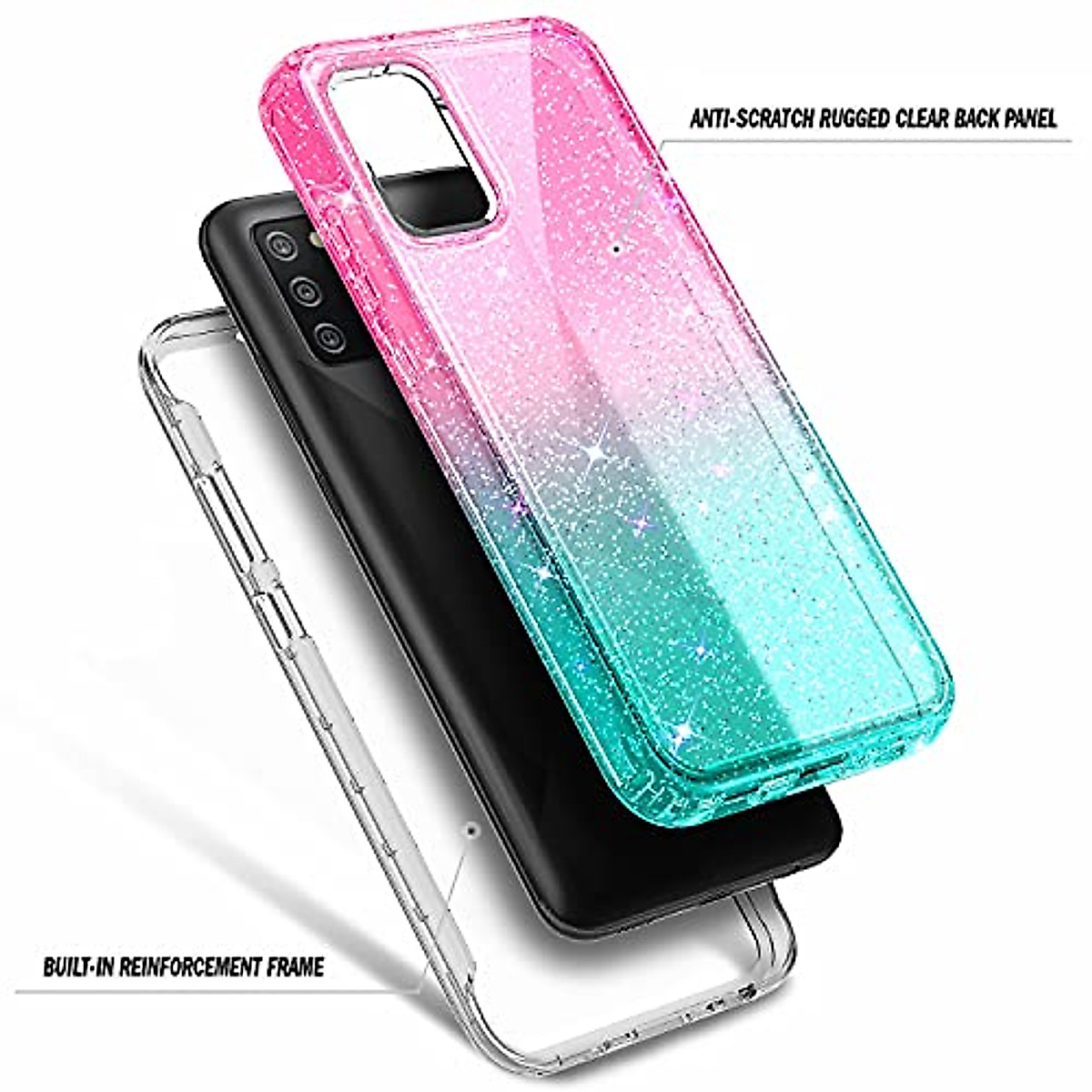 NZND Case for Samsung Galaxy A03S with [Built-in Screen Protector], Full-Body Protective Shockproof Rugged Bumper Cover, Impact Resist Durable Phone Case (Glitter Pink/Aqua)