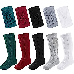 5 Pairs Baby Girl Knit Knee Sock with 5 Pieces Bowknot Headband (Small,Multicolored)