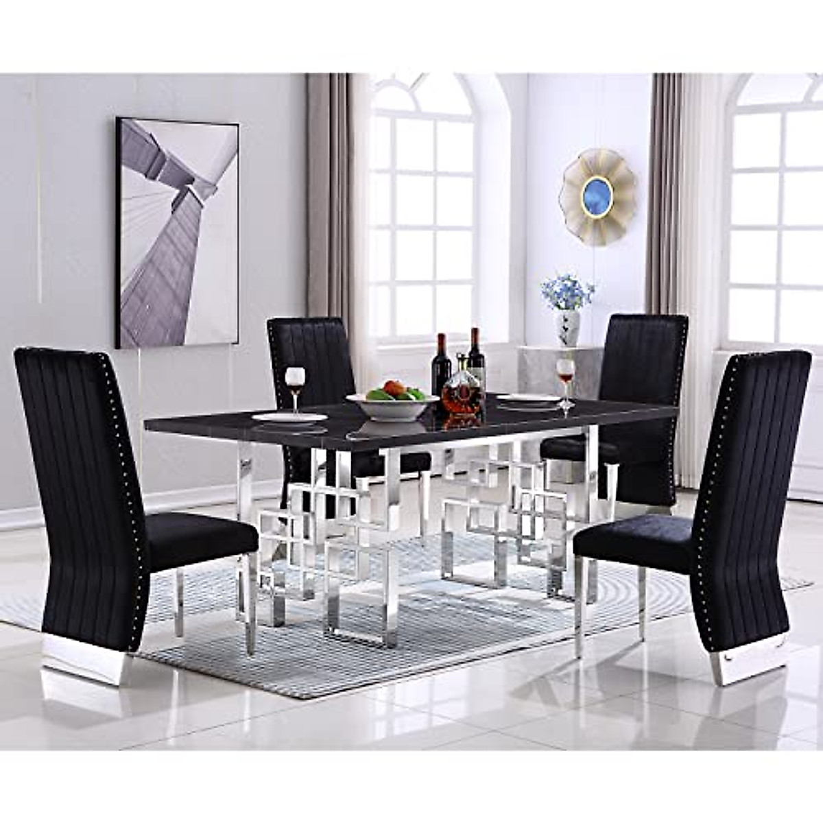 AZhome Dining Chairs, Black Velvet Upholstered Dining Room Chairs with Nailhead Trim and Silver Mirror Stainless Steel Legs, Set of 2