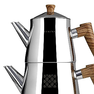 Serenk Stainless Steel Turkish Teapot Set, Stovetop Tea Maker with Induction Base, Non Slip Bakelite Handles, Dishwasher Safe, 2 Lids, 3 qt, 101 oz Black (Black)