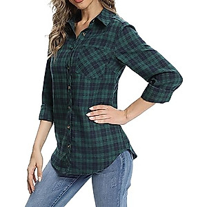 Fuinloth Women's Flannel Button Down Shirt, Plaid Long Sleeve Pure Cotton with Pocket 1 Dark Green Large