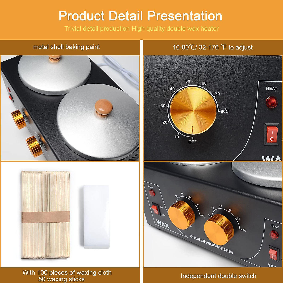 Double Wax Pot Electric Wax Warmer Professional Machine for Hair Removal, Wax Heater for Paraffin Facial Skin Body Spa Salon Equipment with 100 Waxing Cloth And 50 Removal Wooden Craft Sticks