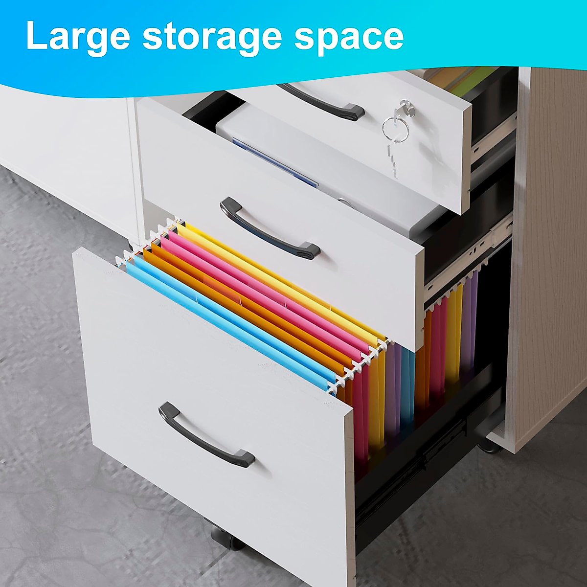 3 Drawer Wood Mobile File Cabinet with 1 Lock, Under Desk File Cabinet with 5 Wheels, Rolling Filing Cabinet for Home Office, Filing Cabinet Organizer, for Letter Sized Documents (Black)