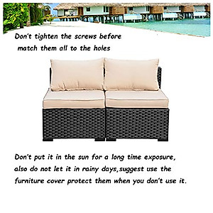 2 Piece Outdoor Sectional Furniture Set Patio PE Black Wicker Rattan Loveseat Armless Chair Sofa with Khaki Cushion