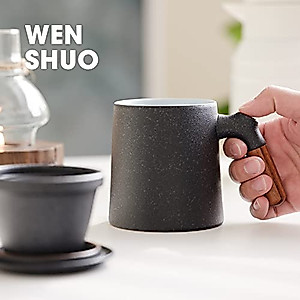 WENSHUO Sandalwood handle Tea Mug, Chinese Ceramic Tea Cup, with Infuser and Lid, 13 oz, Matte Grey