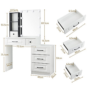 saicheng Vanity Desk with Mirror and Lights-3 Color and Brightness Adjustable, Vanity Set with Drawers and Chair, White Makeup Vanity Table for Girls