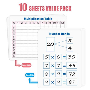10 Pack Multiplication Chart Whiteboard Card - Double-Sided 9" x 12" Dry Erase Board, Math Manipulatives White Board for Kids Students, Classroom and Home Learning，Small White Board Card Dry Erase