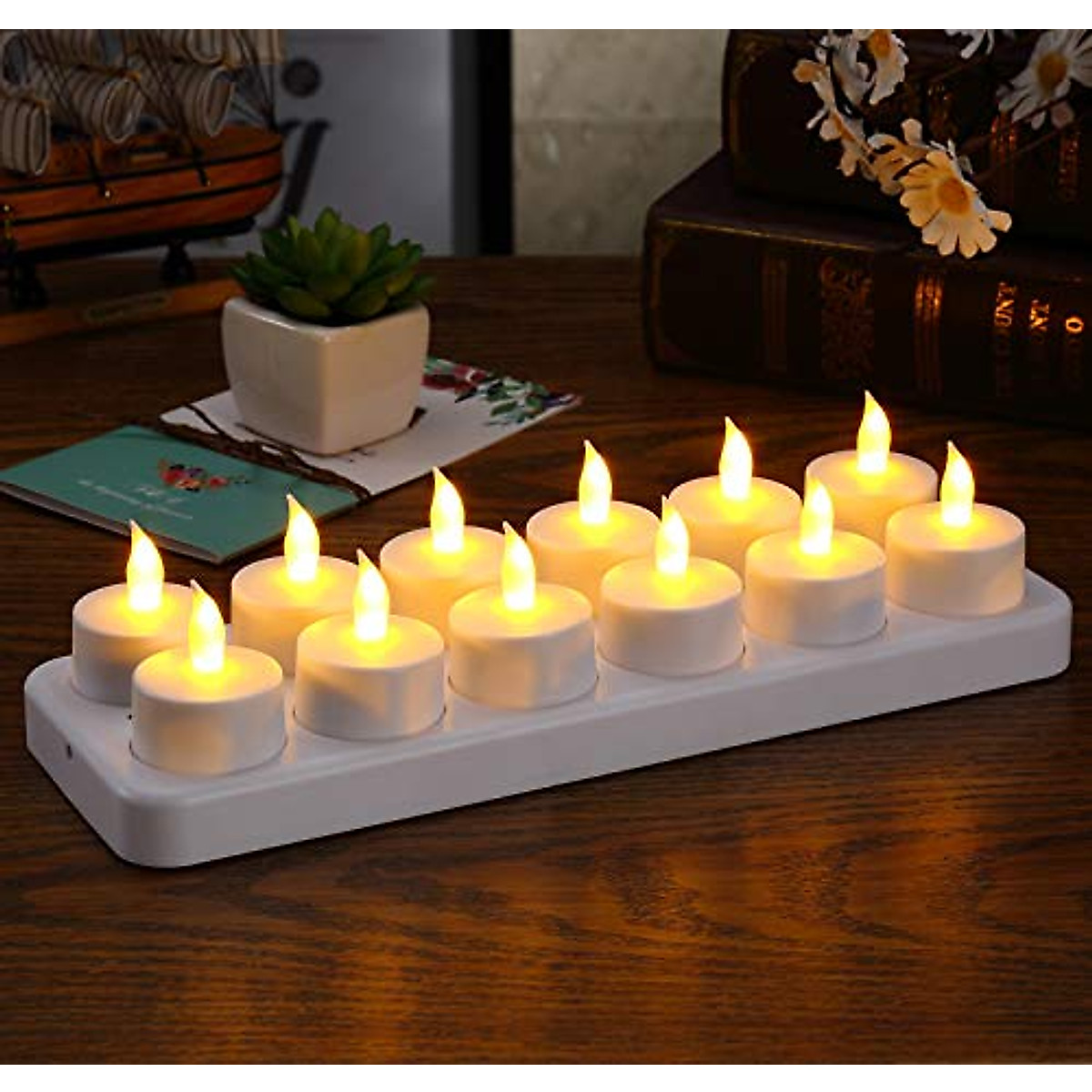 Esup Rechargeable Candles Flameless Flickering Candles Tealights 12pcs/Set with White Base, Decoration Parties, Weddings, Bar, Family, Dinner Outdoor Picnic (No Remote Control)