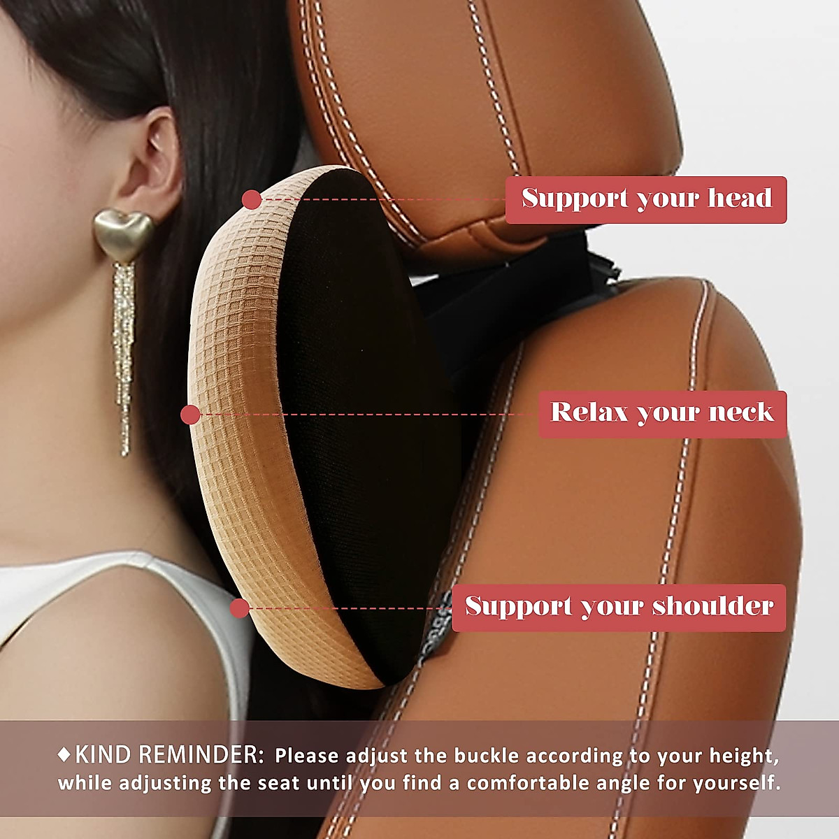 Super Comfy Car Headrest Pillow, Car Pillow for Neck Pain Relief with Adjustable Strap, 100% Memory Foam & Breathable Removable Cover, Ergonomic Design - Softness Travel Car Neck Pillow(Beige, 1PC)