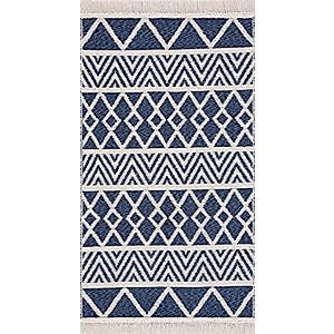 Keen Home Design Area Rugs - 2x4 Reversible and Machine Washable Boho Rug - 100% Cotton - Two Sided Rug for Living Room, Kitchen, Hallway, Bedroom, Entryway - (2’ x 3’7’’, Navy)
