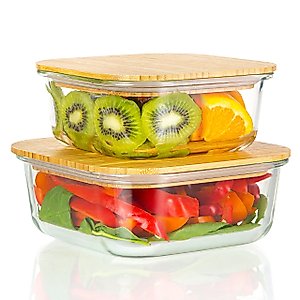 Crutello Glass Meal Prep Containers with Bamboo Lids, 2 Pack - Airtight Clear Food Storage Canisters for Kitchen Organization - A Family-Owned American Brand