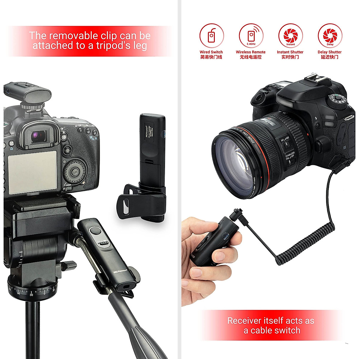 Camera Remote Shutter Release Wireless: [164'] Radio Control Accessories for Canon Rebel T7 T6 T5 T8i T7i SL3 EOS R RP R100 R7 R6 Mark II 90D 80D 70D 2000D, with AAA Battery & Removable Tripod Clip