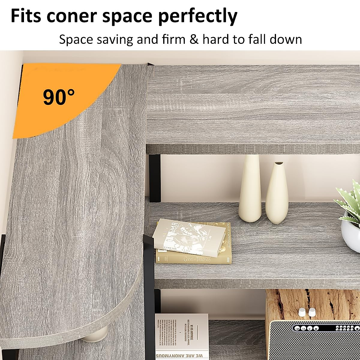 Launica 5 Tier Corner Bookshelf, Tall Grey L Shaped Book Shelf with Storage, Large Industrial Wood Metal Open Bookcase. Farmhouse Standing Bookshelves for Bedroom, Living Room, Kitchen, Gray