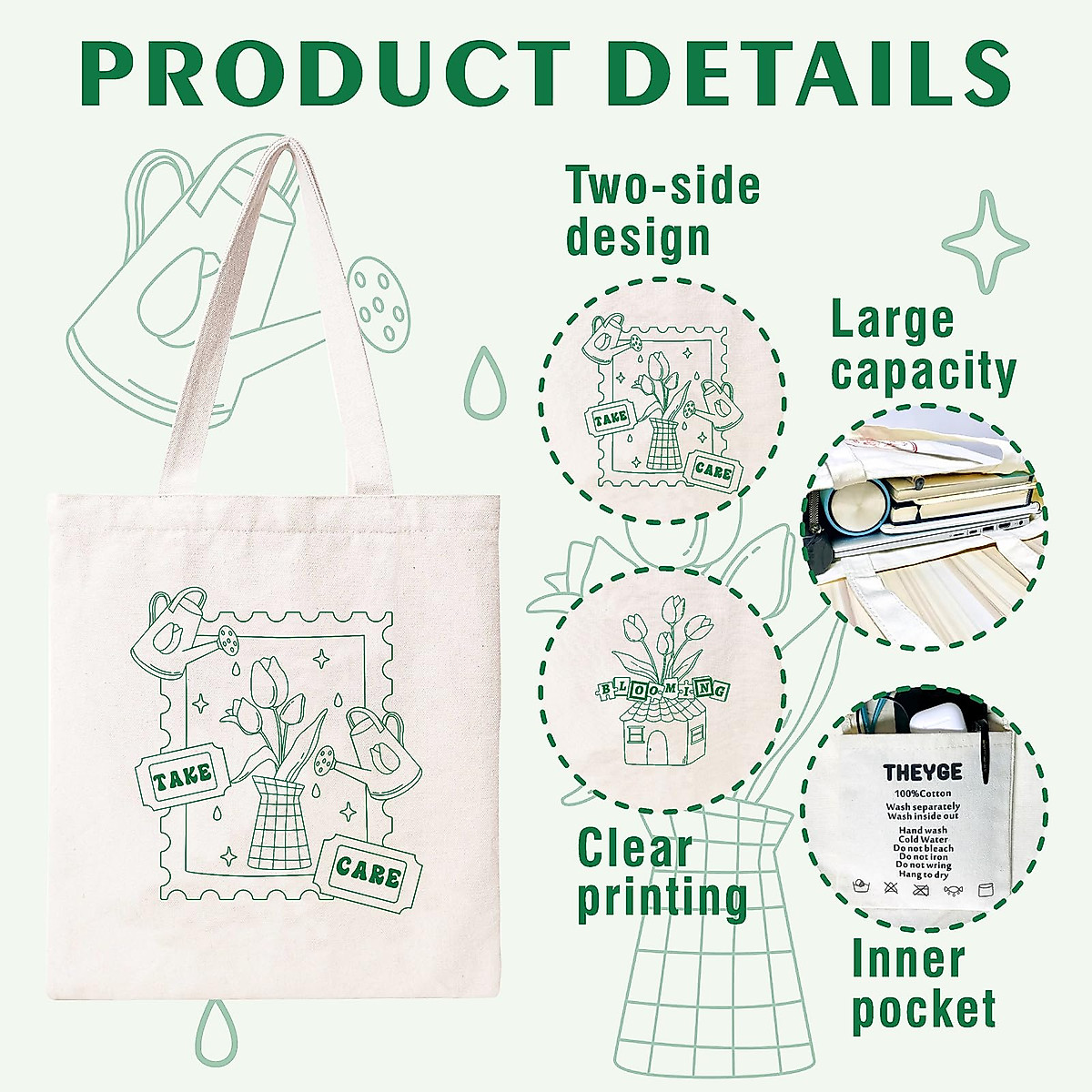 THEYGE Cute Tote Bag Simple Canvas Bag Lovely Funny Pattern Tote Bag for Women Gift Cotton Canvas Tote Bag With Pocket Reusable Grocery Shopping Bag Shoulder Bag