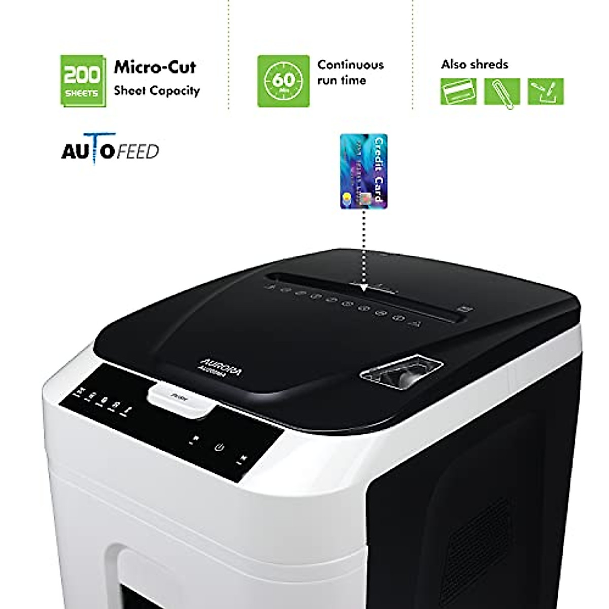 Aurora Commercial Grade 200-Sheet Auto Feed High Security Micro-Cut Paper Shredder/ 60 Minutes/ Security Level P-5