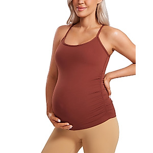 CRZ YOGA Butterluxe Y Back Maternity Tank Tops for Women Ruched Pregnancy Basic Camisole Sleeveless Athletic Yoga Shirts Jujube Brown Large