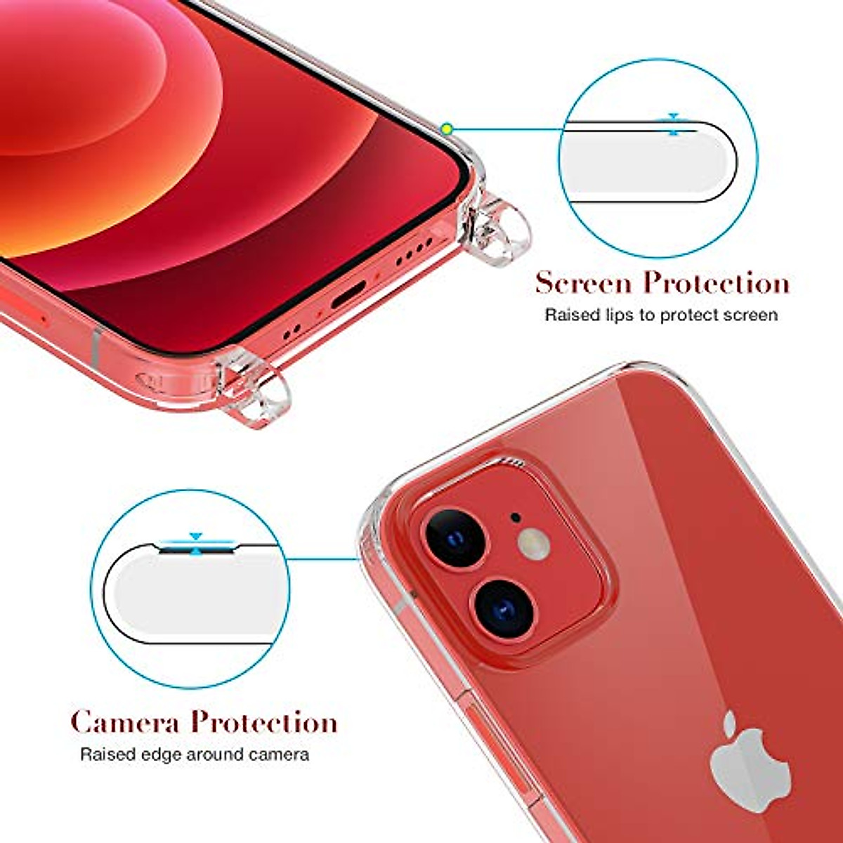 Caka Clear Case for iPhone 12/12 Pro, iPhone 12 12 Pro Case with Crossbody Strap Adjustable Neck Lanyard Shockproof Protective Case for iPhone 12/12 Pro 6.1 inches -Clear