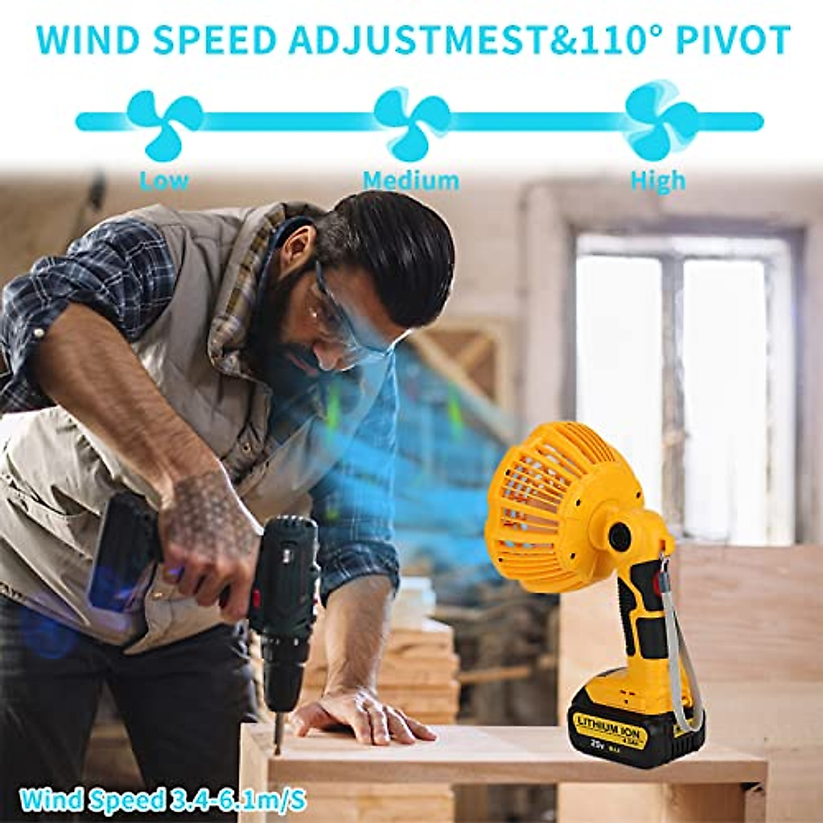 Battery Fan for Dewalt 20v Max Battery,Portable Jobsite Fan with 3 Energy Efficient Speed Settings and 300LM Led Work Light，Battery Operated Fan for Bedroom Home Camping Tent Office (Tool Only)