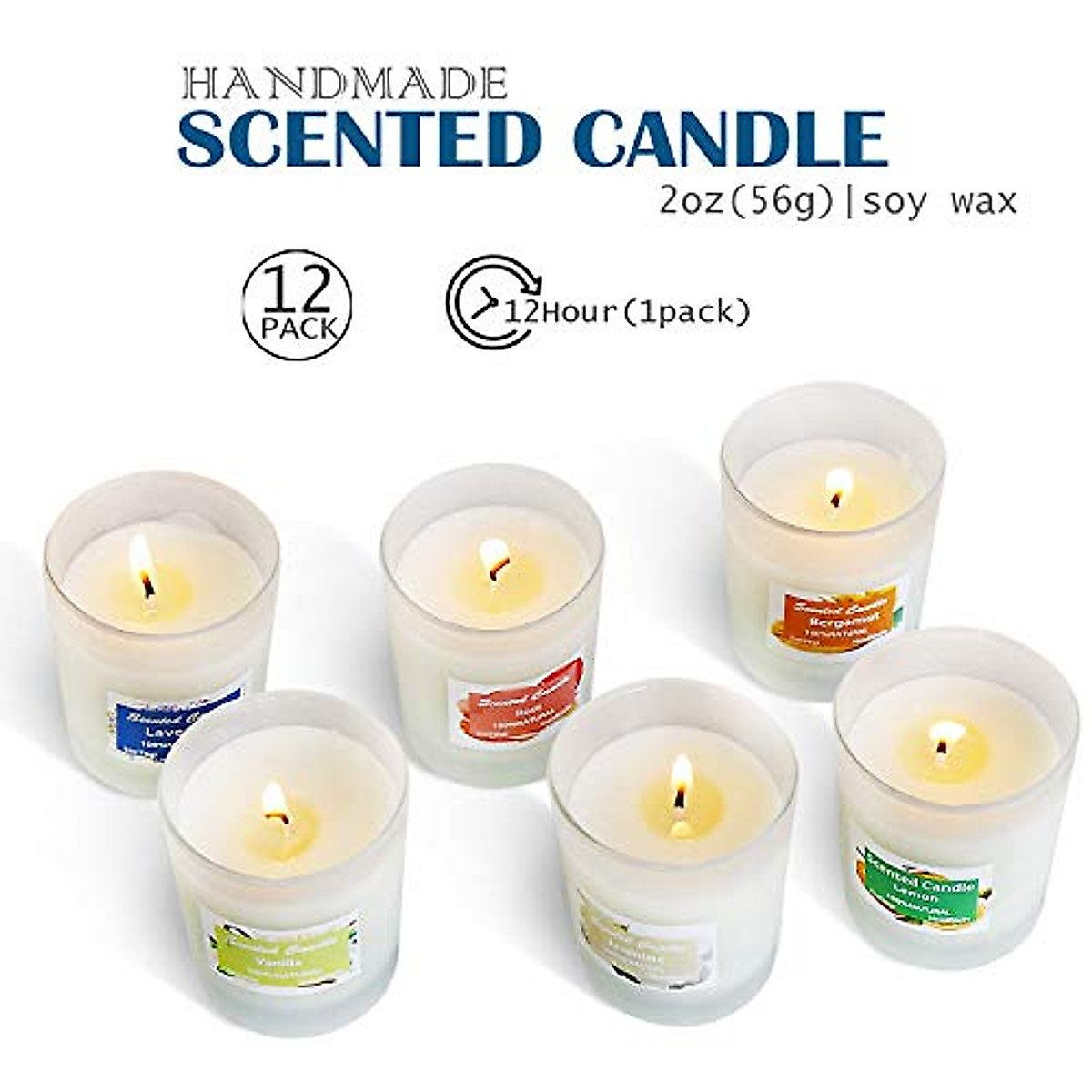 HELLY Soy Candle Strong Scented Candles - Aromatherapy Candles Long Lasting Candles White Frosted Glass Jar Candle (Lemon, Lavender, Rose ，Jasmine，Vanilla，Bergamot) -12 Pack