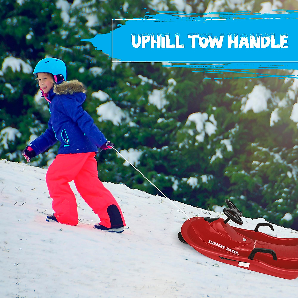 Slippery Racer Downhill Derby Flexible Kids Toddler Plastic Toboggan Steerable Plastic Snow Sled with Built-In Brakes and Steering Wheel, RED