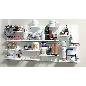 HGYZE Plastic Pegboard Wall Organizer, White, 22 x 22 x 1.5 in, Includes 4 Wall Shelves, 8 Hanging Boards, 24 Hooks
