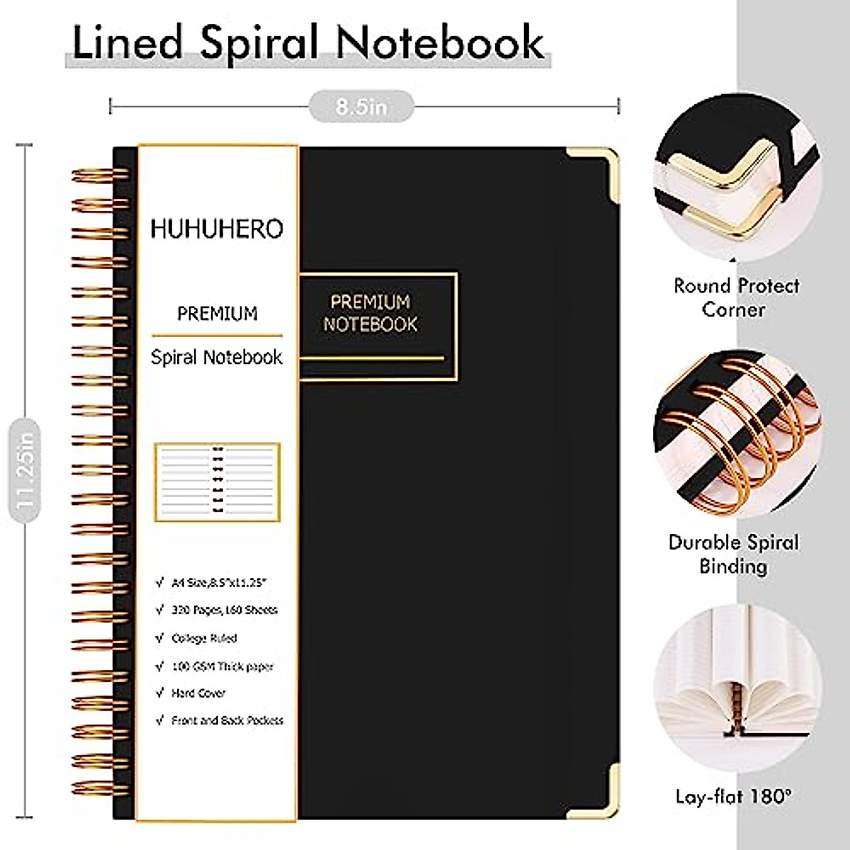 Huhuhero Spiral Notebook, College Ruled Notebook, 8.5" x 11", 320 Pages Black Leather Lined Journal for Women Men, A4 Large Notebooks for Work Writing Office, 24pcs Index Tabs, School Supplies
