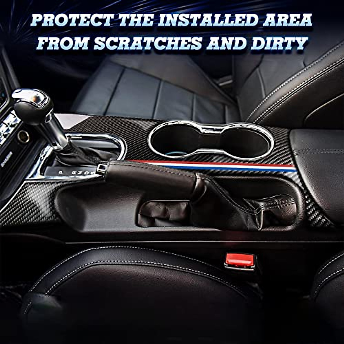 Xotic Tech Center Console Gear Water Cup Panel Cover Trim, Genuine Soft Carbon Fiber with 3 Color Strips, Compatible with Ford Mustang 2015-up