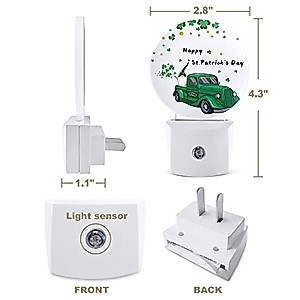 St.Patrick Day Shamrock Truck Night Lights Plug into Wall, Cute Gnomes Green Auto Round LED Lights with Dusk to Dawn Sensor for Bedroom, Bathroom, Hallway, Kitchen, Kids, Home Decor